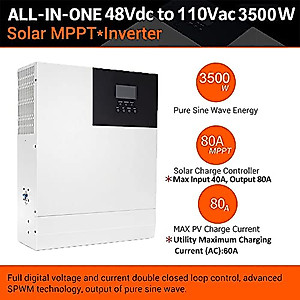 Y&H 3500W 48V Off Grid Solar Hybrid Inverter AC120V Pure Sine Wave with 80A MPPT Charge Controller PV Max 145V Input, Works with 48V Lead Acid and Lithium Batteries, Supports Utility/Generator/Solar