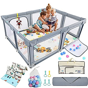 Baby Playpen with Mat 71"×59", Foldable Bay Playpen with Gate for Babies and Toddlers, Indoor & Outdoor Portable Play Yard with Anti-Slip Suckers, Safety Kids Activity Center (Grey)