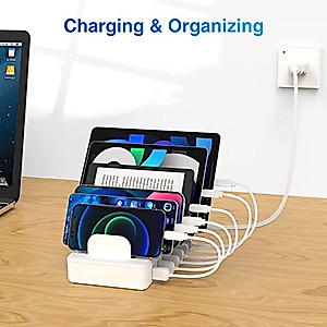 ZXSWONLY Charging Station for Multiple Devices, 50W 6 Ports USB Charging Station Organizer with 6 Cables Compatible with Cellphone, Tablet, Kindle, and Other Electronic (White)