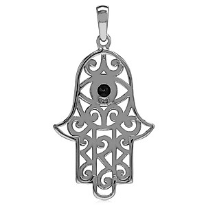 Silvershake Natural Black Spinel 925 Sterling Silver Evil Eye on Hamsa Hand Pendant