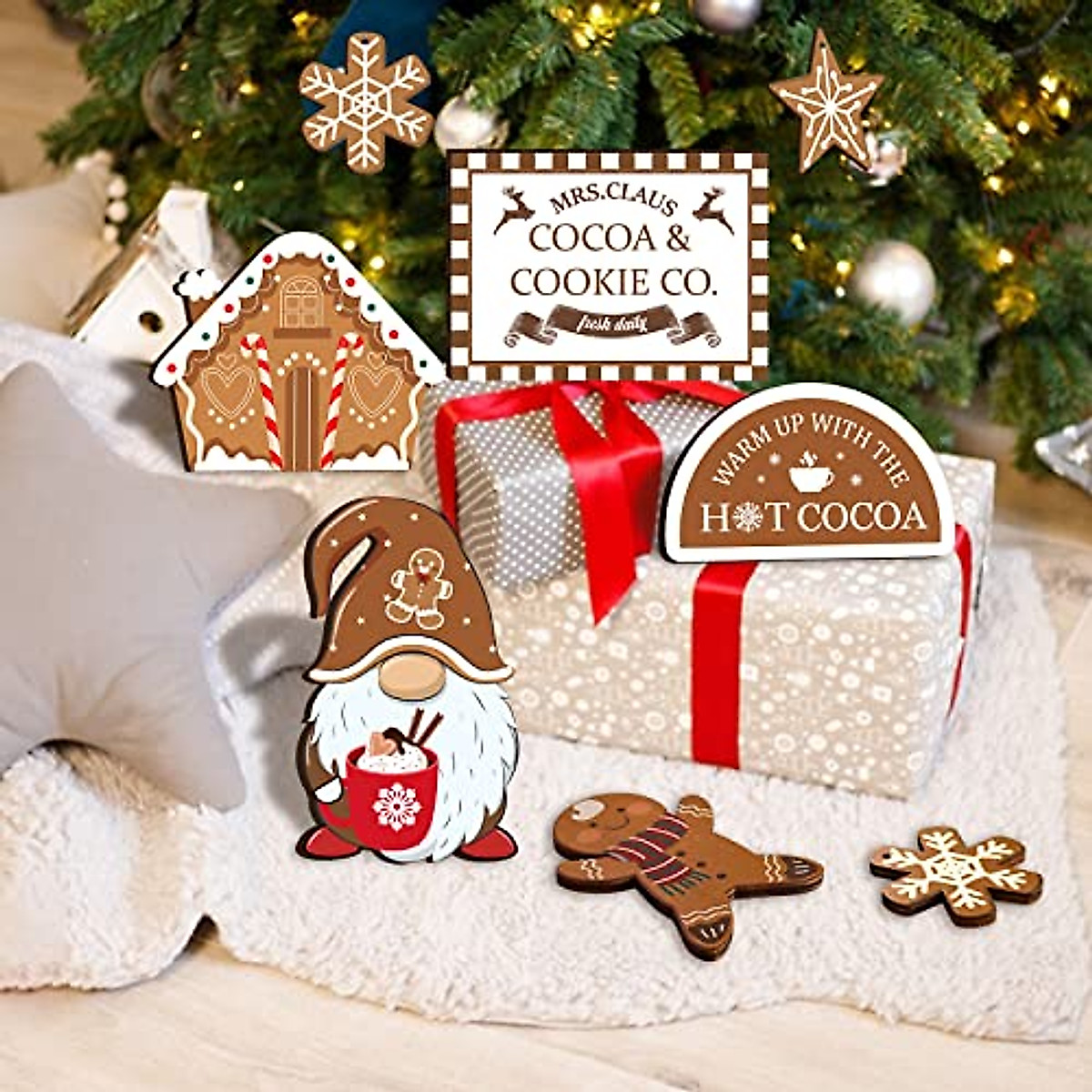 10 Pieces Christmas Tiered Tray Decor-Winter Holiday Gingerbread Themed Decor with Hot Cocoa Bar and Cute Gnomes Wooden Signs for Farmhouse Rustic Centerpiece Home Room Table Fireplace Shelf