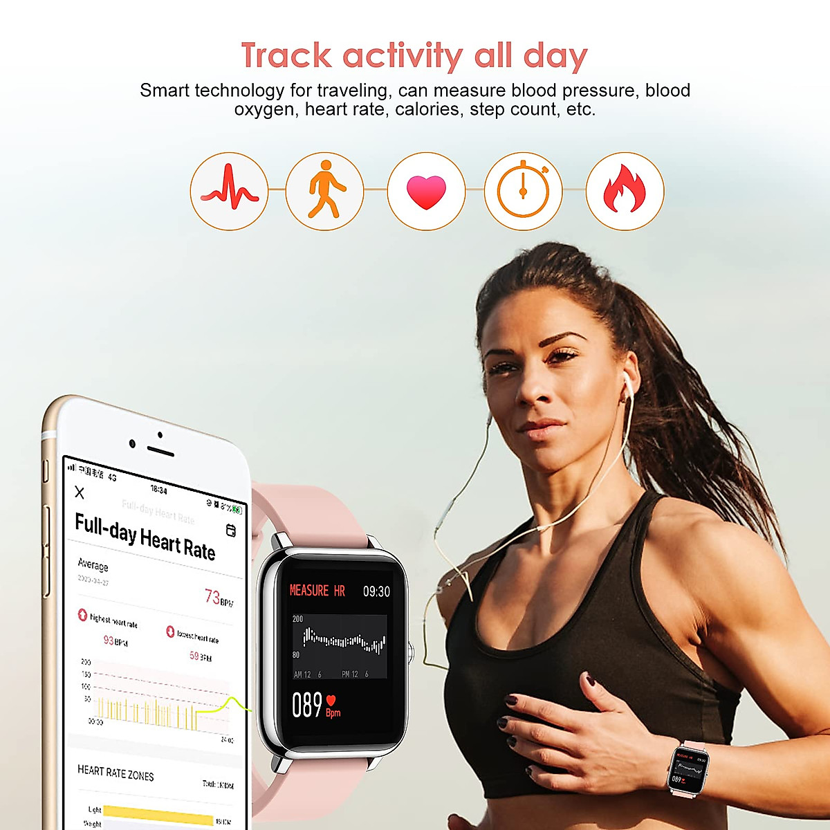 EBAKIN Smart Watch Fitness Tracker 1.4 inch Full-Touch Screen IP67 Waterproof Blood Pressure Heart Rate Blood Oxygen Multi-Sport Fashion Smartwatch(Pink)