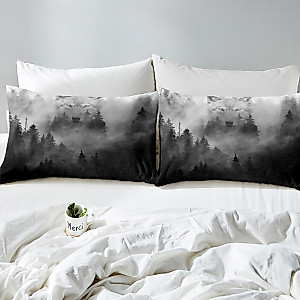 Castle Fairy Wolf Printed Bedding Set,Misty Woods Duvet Cover for Kids Teen Boys Girls,Natural Landscape Comforter Cover Decorative Room,Wild Animals Quilt Cover with 2 Pillowcases,King Size