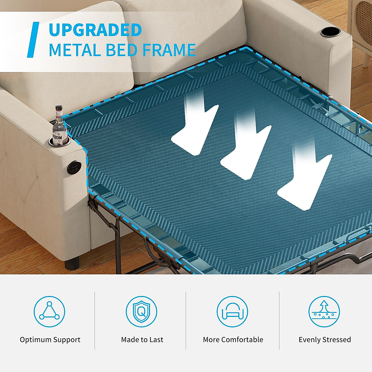 Mjkone Pull Out Sofa Bed, 2-in-1 Convertible Sleeper Sofa Couch with Cup Holders and Memory Foam Mattress,Two Seat Loveseat Sleeper Sofa Bed for Living Room Apartment Small Space, Beige, Full Size