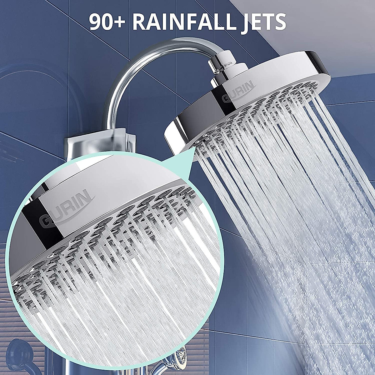 GURIN Shower Head High Pressure Rain, Luxury Bathroom Showerhead with Chrome Plated Finish, Adjustable Angles, Anti-Clogging Silicone Nozzles (California 1.8 GPM)