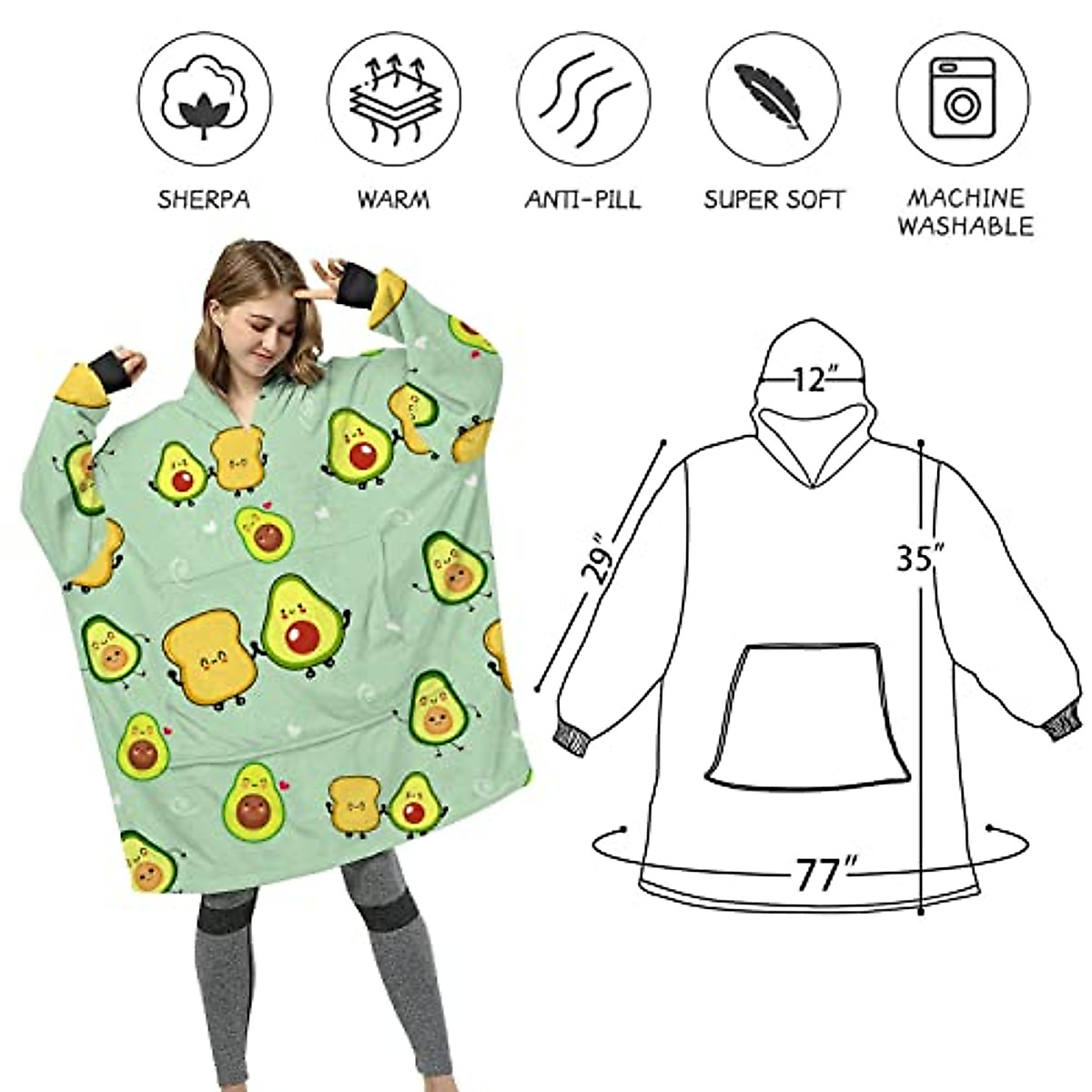 Oversized Wearable Blanket for Women Men, Soft Fleece Hooded Blanket Sweatshirt with Pockets, Avocado Breakfast Comfy Warm Hooded Blanket