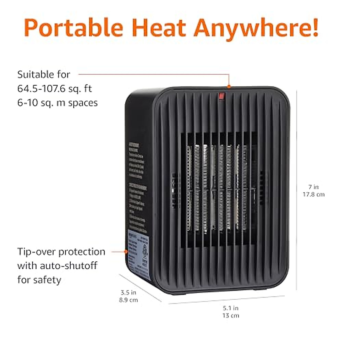 Amazon Basics Ceramic Space Heater, Electric Heater for Indoor Use With 3 Heat Settings, Temperature Control, Lightweight (1.7 LBS), 520W, 5.1"L x 3.5"W x 7"H