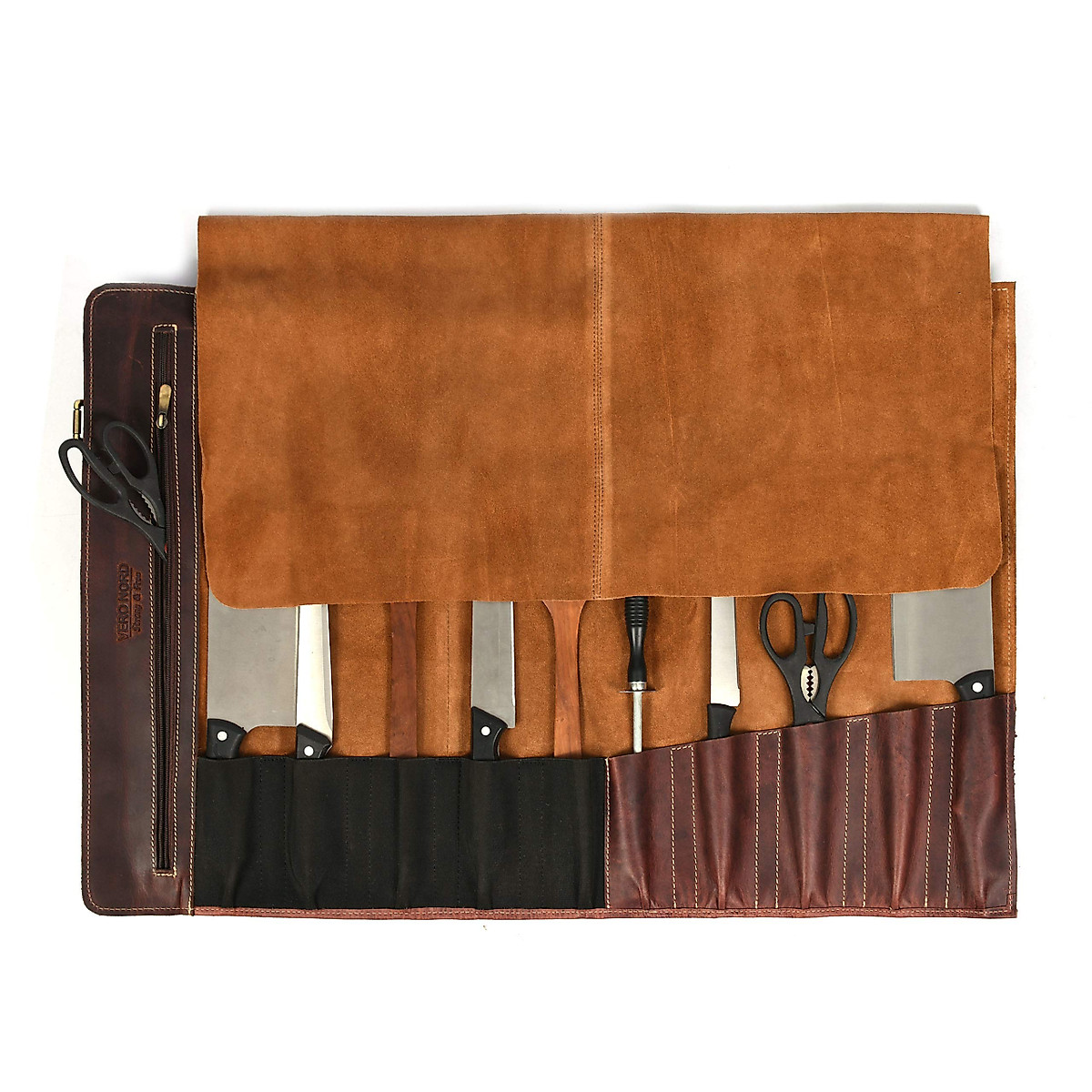 Leather Knife Roll Storage Bag, Elastic and Expandable 10 Pockets, Adjustable/Detachable Shoulder Strap, Travel-Friendly Chef Knife Case (Leather - Light Brown)