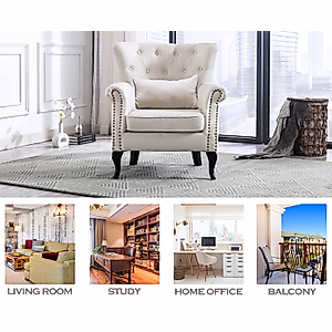 Kmax Fabric Club Chair Tufted Throne Chair Mid Century Accent Wingback Chair Padded Seating Wood Legs Home Club Bedroom Living Room, Beige
