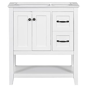 Lunanniu 30" Bathroom Vanity Without Sink, Freestanding Bathroom Vanity Cabinet No Sink 2 Soft Closing Door, Lower Open Shelf 1 Drawer with 2 Tiers Black Drawer Handle Modern Design White
