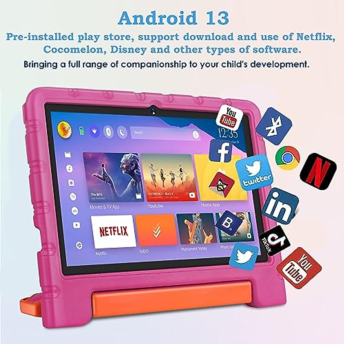 Kids Tablet 10 inch Android 13 Tablets for Kid with Shockproof Case, 12GB+128GB, Octa-Core, 1280 X 800 HD Touchscreen, IWAWA Pre-Installed Parental Control, 2.4G/5G WiFi, 6000mAh, Bluetooth-Rose red