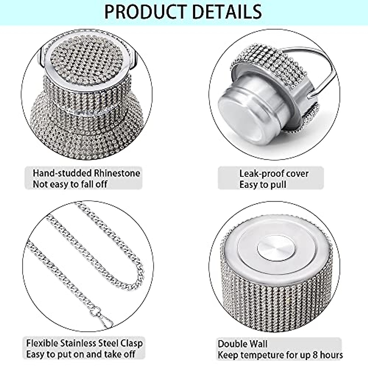 Diamond Water Bottle, Bling Rhinestone Vacuum Flask Glitter Thermos Bottles, Stainless Steel Insulated Water Bottle Refillable Water Bottle With Chain for Women Girl Gift (25oz/750ml, Silver)