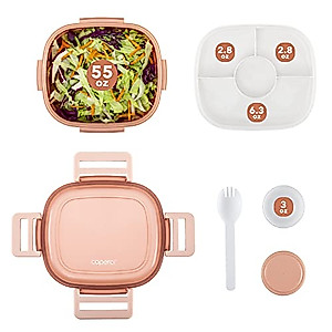Caperci Superior Salad Container for Lunch To Go - Large 55-oz Salad Bowl Lunch Box Container with 4-Compartment Bento-Style Tray, 3-oz Sauce Container, Reusable Spork & BPA-Free (Pink)