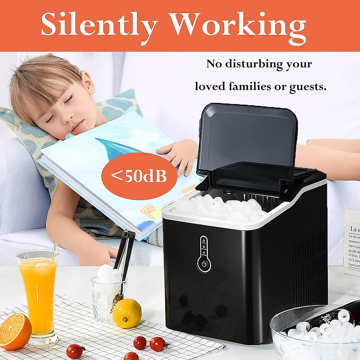 Vestynska 26lbs Ice Maker Countertop, Portable Machine, Self-Cleaning, 9 Cubes Ready in 8 Mins, Mini 1.5L Capacity, Compact Electric Maker, Scoop & Basket, Bullet-Shape, for Camping/RV/Party Black