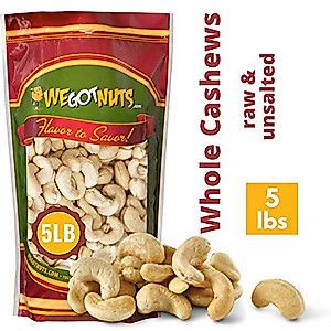 Raw Whole Unsalted Cashews – 5 lbs.- Premium Quality Kosher Raw Cashews By We Got Nuts – Oil-Free Natural, Healthy & Diet-Friendly Snack – Gourmet Savory Flavor – Air-Tight Resealable Bag Package