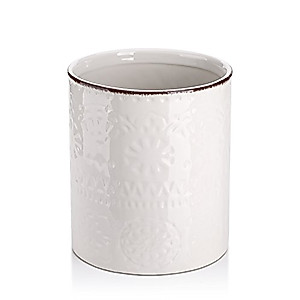 DOWAN Kitchen Utensil Holder, 7.2”Extra Large Farmhouse Utensil Holders for Countertop, White Ceramic Utensil Crock, Anti Slip & Scratch Cork Bottom, Utensil Holder for Kitchen Counter