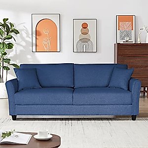 mikibama Linen Fabric Sofa 85 Inches Mid-Century Modern Couch 3 Seater Sofa with 2 Throw Pillows Upholstered Sofa with Rolled Armrest for Living Room, Apartment, Bedroom (Dark Blue)