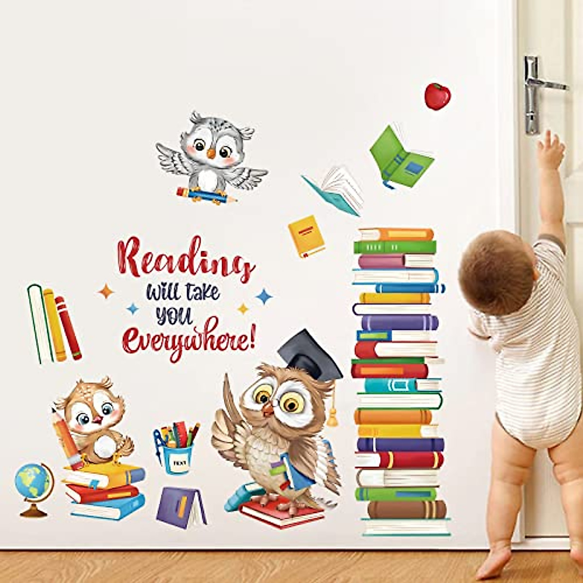wondever Reading Corner Wall Stickers Owl Books Inspirational Educational Quote Peel and Stick Wall Art Decals for Kids Bedroom Classroom