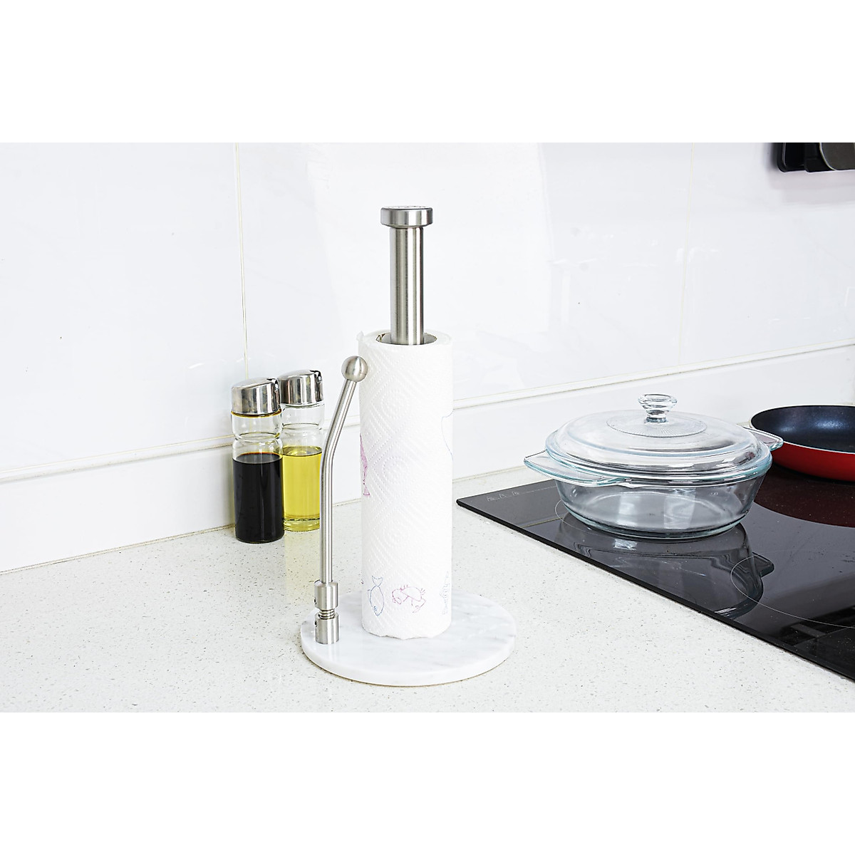 Skyway Goods - Stainless Steel Paper Towel Holder, Paper Towel Stand with Weighted Anti-Slip Base, Sleek Kitchen Countertop Paper Towel Holder, Space-Saving Paper Towel Holder, Light Marble Base