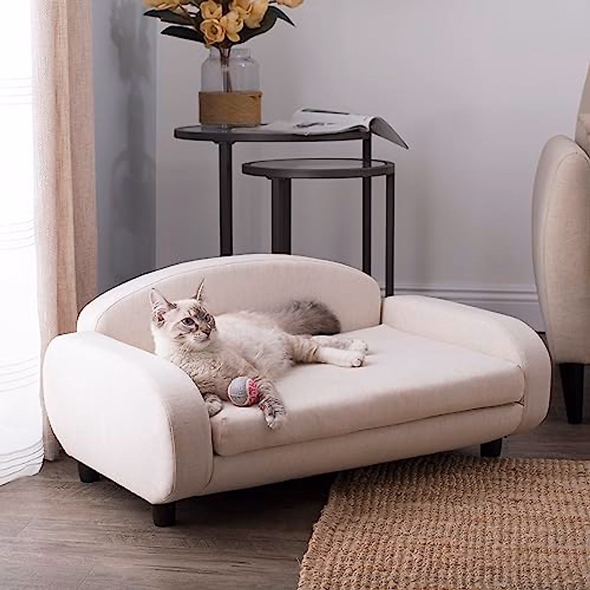 Paws & Purrs Modern Pet Sofa 31.5" Wide Low Back Lounging Bed with Removable Mattress Cover in Espresso/Oatmeal
