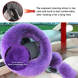 Ziciner 3PCS Wool Steering Wheel Cover with Fuzzy Handbrake Cover & Gear Shift Cover, Universal 15 Inch Steering Wheel Fluffy Soft Protector, Comforting Warm Car Decoration for Women Men (Purple)