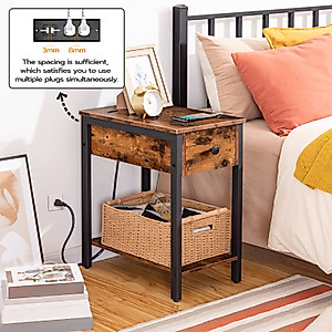 HOOBRO End Table with Charging Station, Set of 2 Narrow Side Table, Small Nightstand, Bedside Table with Drawer and Storage Shelves, for Small Spaces, Rustic Brown and Black BF041BZP201
