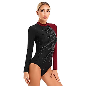 dPois Womens Gymnastics Leotards Long Sleeve Shiny Dance Ballet Performance Unitards Bodysuit Top Dancewear Burgundy Medium