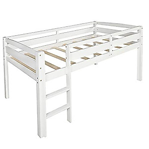 Merax LUMISOL Junior's Low Loft Bed for Kids, Twin Loft Bed with Guard Raill and Built-in Ladder, Bed Bedroom Furniture (White)
