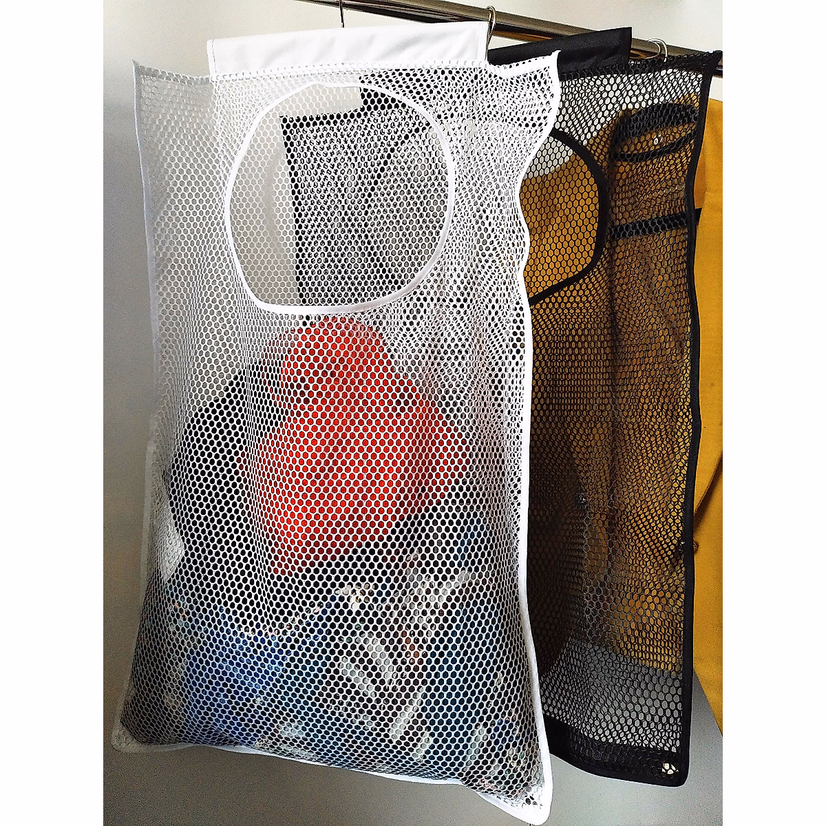 Dearjana Door-Hanging Mesh Laundry Hamper Bag, Space Saving Corner Small Laundry Basket Dirty Clothes Hamper with Rotating Metal Hanger for Apartment, RV, Camper, Cabin, College Dorm Use(White)