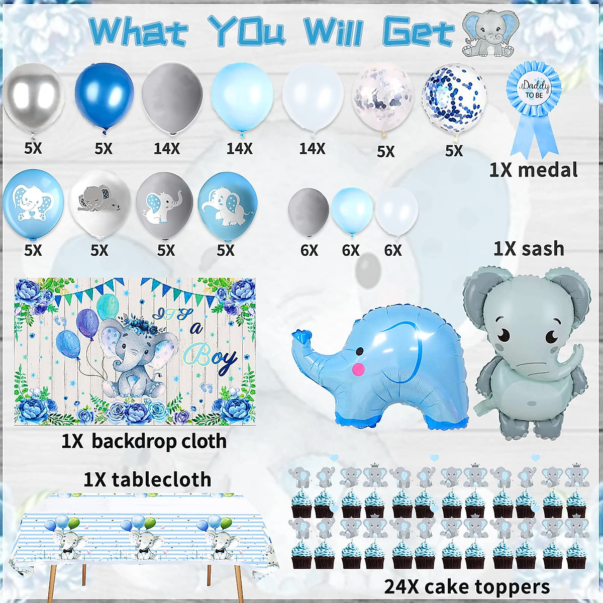 134PCS Elephant Baby Shower Decorations for Boy Baby Boy Shower Decorations Include Elephant Theme Balloon Garland Arch Kit Backdrop Tablecloth Cake Toppers Mommy Sash and Daddy Badge