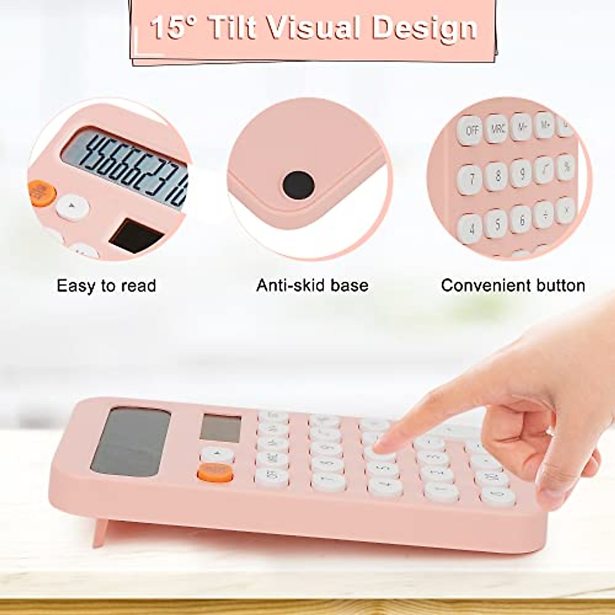 Standard Calculator 12 Digit,Desktop Dual Power Battery and Solar,Desk Calculator with Large LCD Display for Office,School, Home & Business Use,Automatic Sleep.5.7 * 3.5in (Pink)