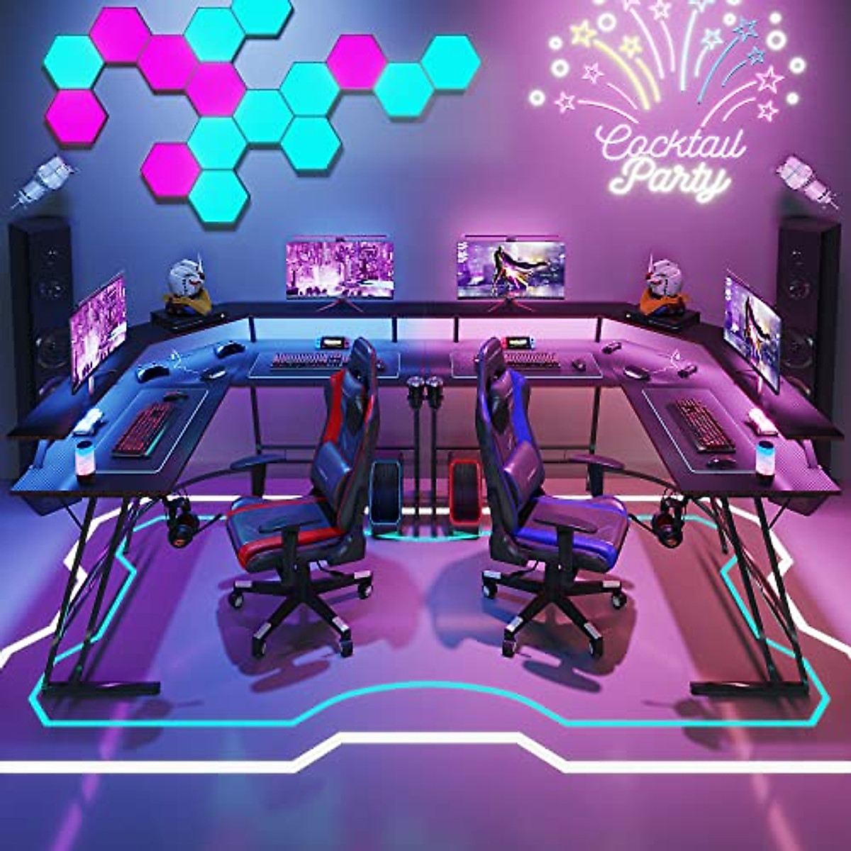 Flamaker Gaming Desk with LED Lights & Power Outlets, L-Shaped Computer Corner Desk with Carbon Fiber Surface & Monitor Stand, Ergonomic Gamer Table with Cup Holder, Headphone Hook, Black