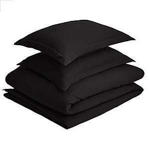 Amazon Basics Lightweight Microfiber 3-Piece Duvet Cover Set with Zipper Closure, Full/Queen, Black, Solid