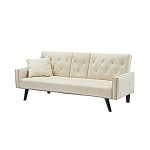 Verfur Button Tufted Convertible Futon Sofa Bed,Modern Velvet Upholstery Sleeper Couch Daybed with 2 Cup Holders and Square Armrests for Small Places Sofabed, Beige 72" with 1 Pillow