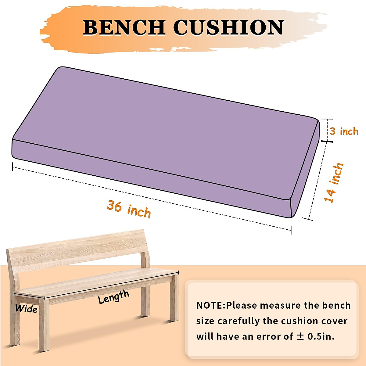 ROFIEJOX Bench Cushion 36 inch - Imitation Linen Fabric, Indoor Outdoor Long Seat Furniture, High-Density Foam, Non-Slip Design for Window Patio Garden, (36x14x3) Purple