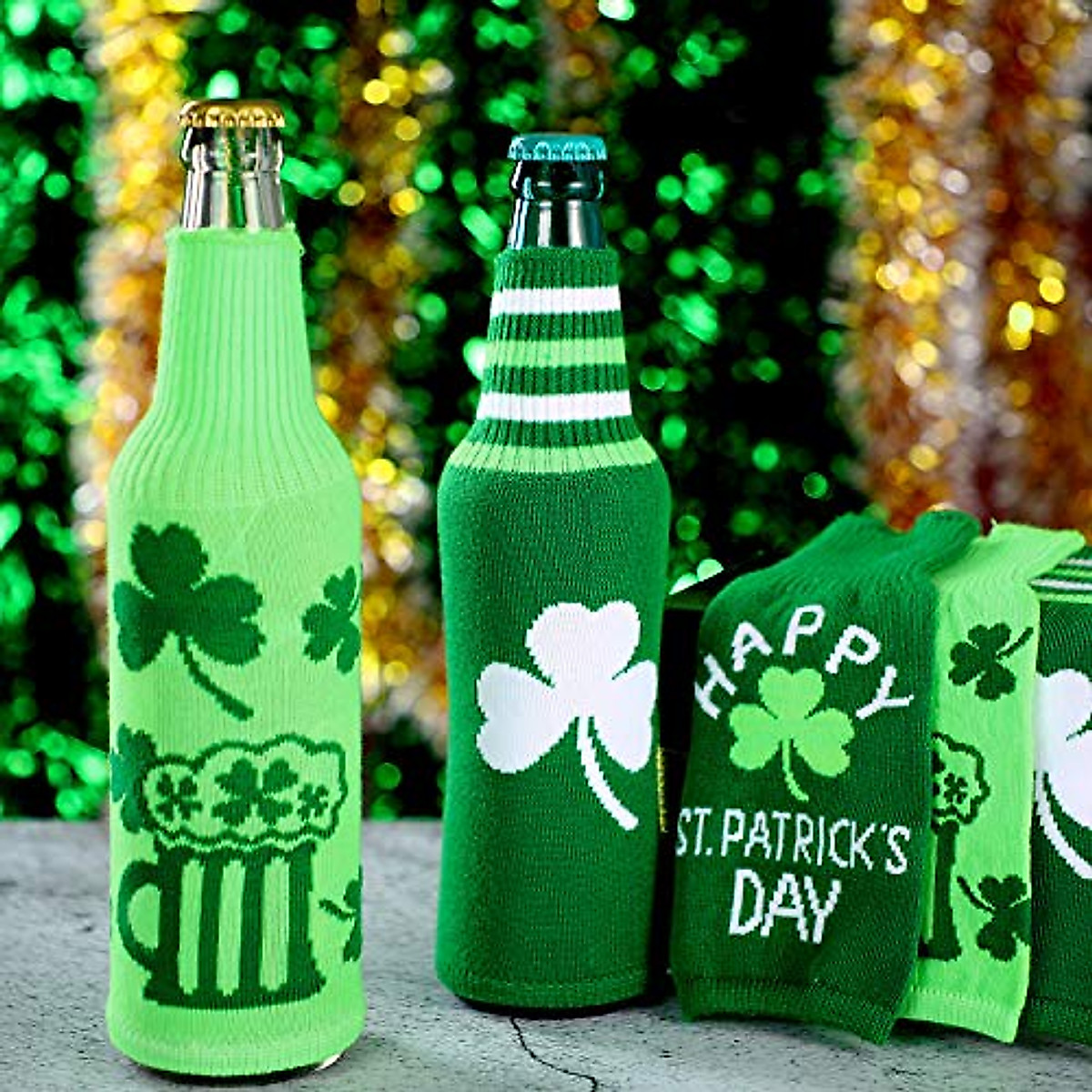 6 Packs St. Patricks Day-Themed Bottle Sleeves Green Shamrock Beer Bottle Covers Glass Beer Bottle Decor for Holiday Party Table Decorations
