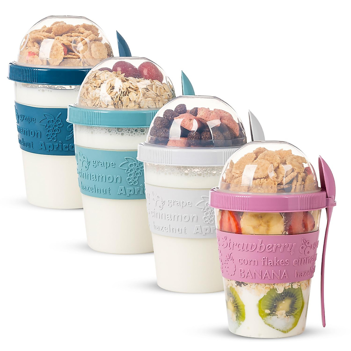 On The Go Cereal Yogurt Cups with Lids and Spoon, Overnight Oats Container, Reusable Parfait Plastic Milk Jar Breakfast Crunch Granola Oatmeal Smoothie Snack Prep Bowl To Take Along (4 Colors Set 2)