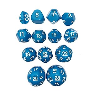 Impact! Miniatures Light Blue - Weird RPG Poly Dice Set - D3, D5, D7, D9, D11, D13, D15, D17, D18, D19, D22, D26 & D28