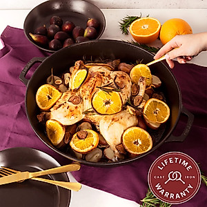 Cuisinel Cast Iron Skillet + Chainmail Scrubber - 15"-Inch Pre-Seasoned Dual Handle Braiser Frying Pan + Silicone Handle Covers - Oven, Grill, Stovetop, Fire, Kitchen Cookware - Indoor/Outdoor Use