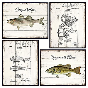 Freshwater Fishing Patent Print Set- Vintage Rustic Bass, Reel, Lure Sign Style Wall Art, Home Decor, Room Decoration Picture Photos - Lake or River Fish Posters - Gift for Fisherman, Angler 8x10