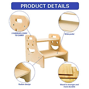 Wooden Toddler Step Stool -Two Step Wooden Step Stools for Kids with Handles, Sturdy Natural Wood Step Stool for Kitchen Bathroom 450lbs Load Capacity