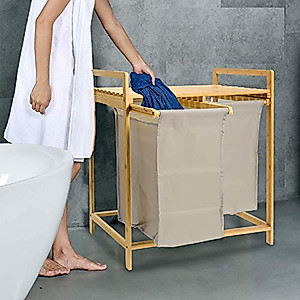 Baoz Bamboo Laundry Hamper with Shelf Freestanding Laundry Hamper 2 Section Dual Compartments Laundry Organizer with Removable Bags Space-Saving Laundry Organizer for Bathroom, Living Room, Bedroom