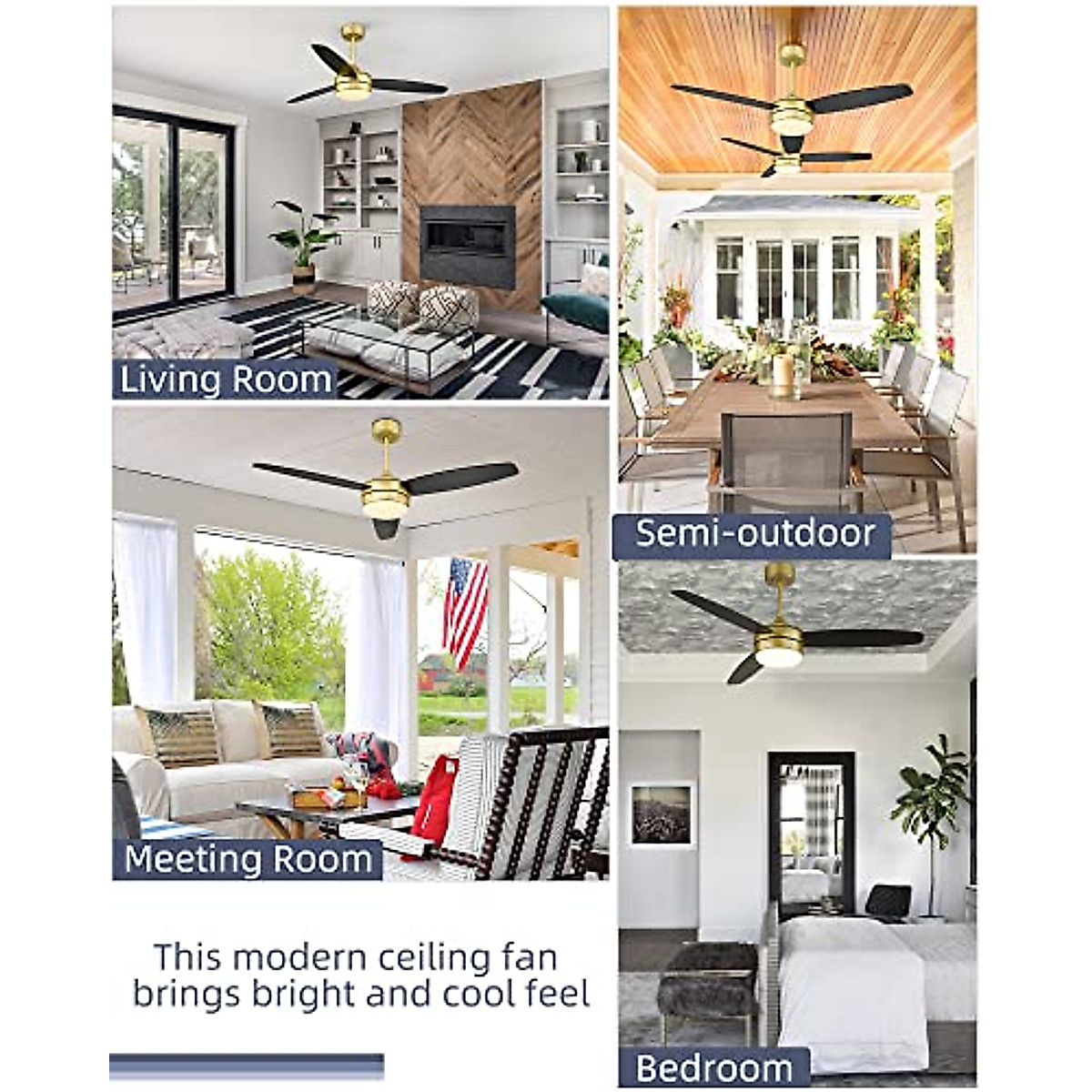 YOUKAIN Modern Ceiling Fan, 52 Inch Gold Ceiling Fan with Light and Remote Control, LED Ceiling Fan with 3 Matte Black Blades for Living Room, Bedroom, Bathroom, 52-YJ273-BK