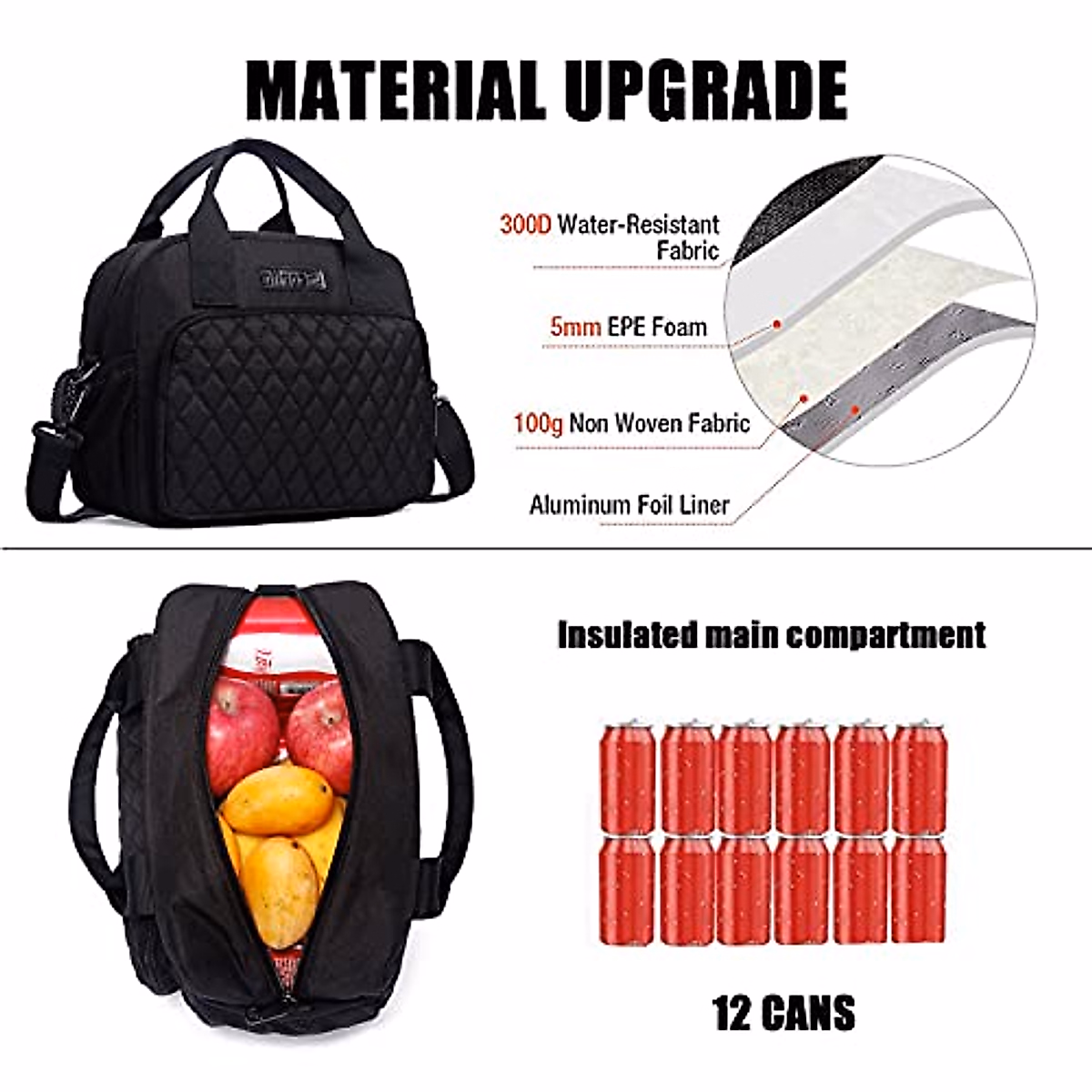 Scorlia Insulated Lunch Bag for Women/Men, Reusable Lunch Cooler Box Lunch Tote, Thermal Meal Prep Lunch Organizer with Adjustable Shoulder Strap and Side Pockets for Adults, Work, Black