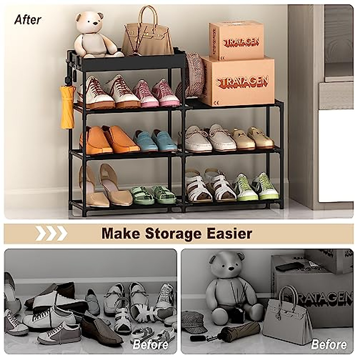 Vaasee 4 Tiers Shoe Rack Storage Organizer with Basket and 4 Hooks, Metal Free Standing Non-Woven Fabric Shoe Shelf, Narrow 6-12 Pairs Stackable Shoe Stand for Closet Entryway Bedroom Garage (Black)