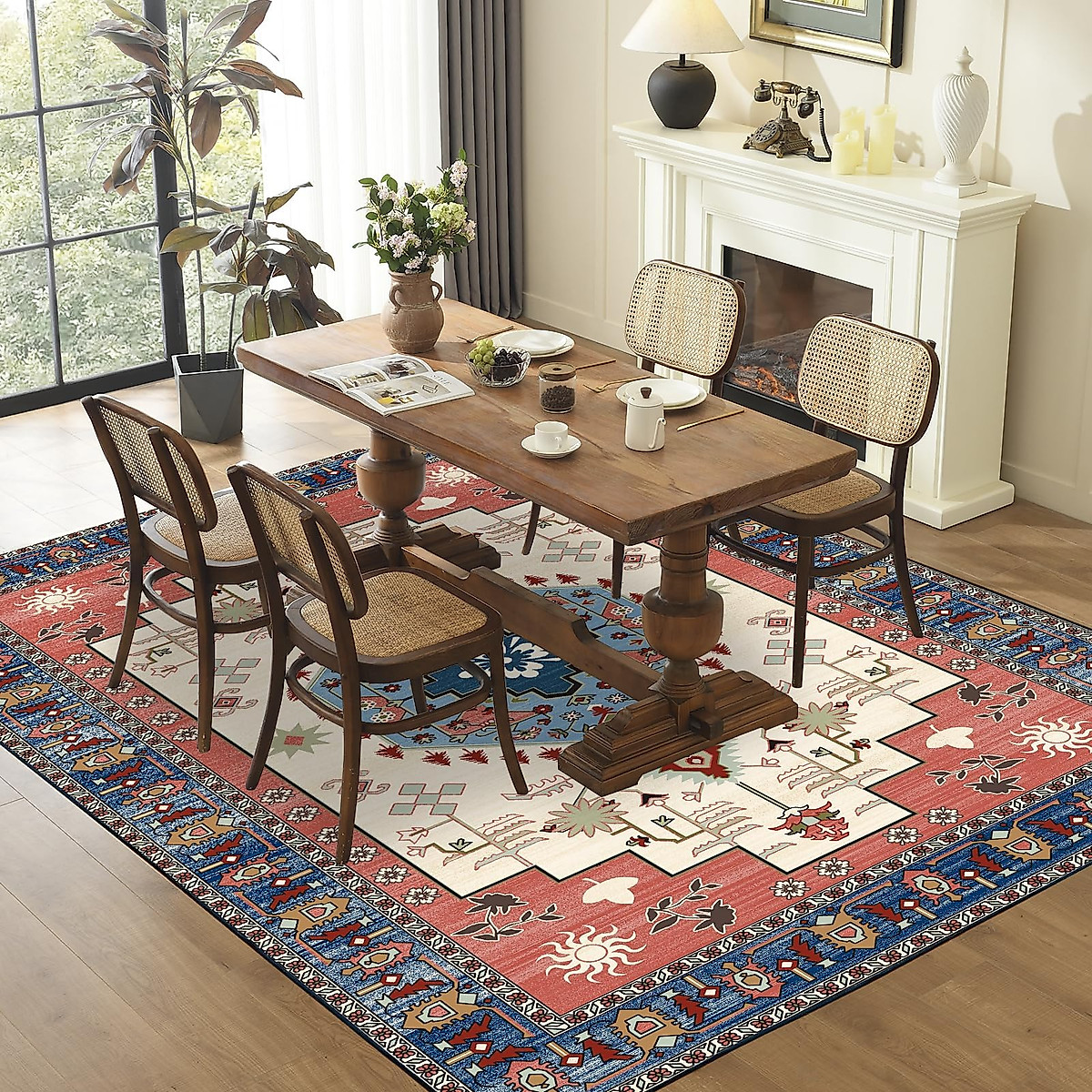 CHOSHOME Washable Rug 8x10 Vintage Boho Medallion Area Rugs with Non-Slip Backing Soft Stain Resistant Non-Shedding Low-Pile Floor Carpet Mat for Living Room Bedroom Kitchen Home Office,Red