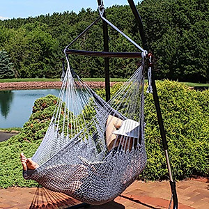 Sunnydaze Hanging Caribbean XL Hammock Chair - Modern Boho-Style Soft-Spun Polyester Rope Hammock Chair Swing - Gray - Ideal for Yard, Balcony, Garden and Other Outdoor Living Spaces