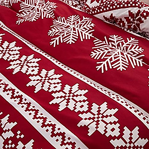 LAMEJOR Christmas Duvet Cover Set King Size Snowflake Pattern Holiday Bedding Set Comforter Cover(1 Duvet Cover+2 Pillowcases) Red