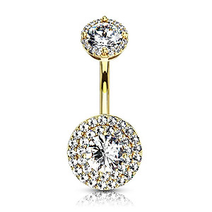 Forbidden Body Jewelry Internally Threaded Surgical Steel Large Double Tier Pave CZ Belly Ring w/Matching Top (Clr/Gold Tone)