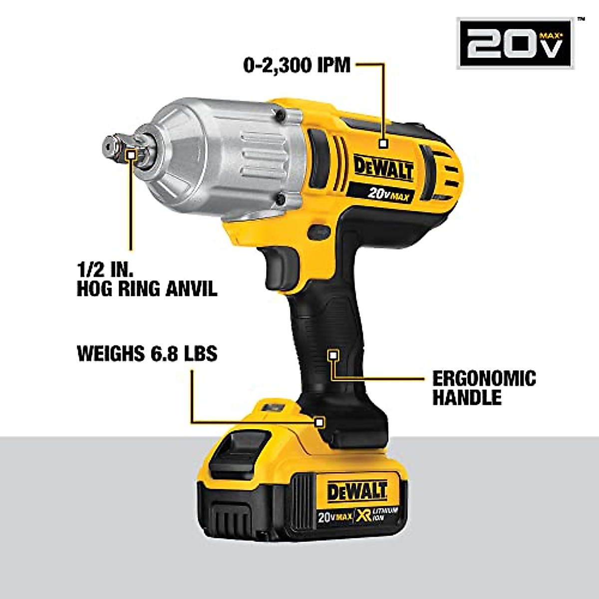 DEWALT 20V MAX* Impact Wrench, High Torque, Hog Ring Anvil, 1/2-Inch (DCF889HM2)